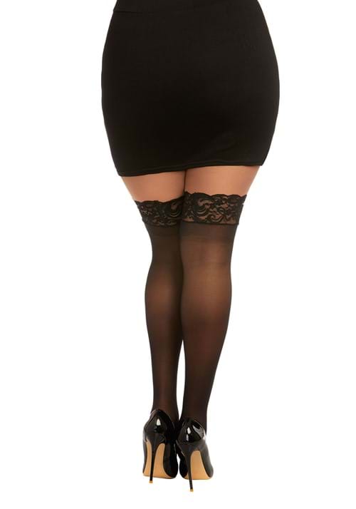 Plus Size Black Anti Slip Thigh High Stockings With Lace Top For Adults